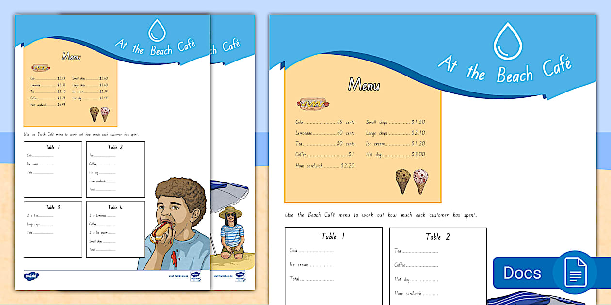 Stage 7 (Phase 2): Beach Cafe Money Worksheets - Twinkl