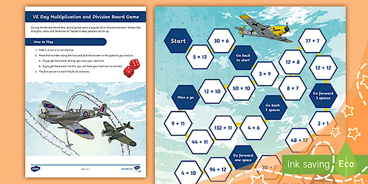 Editable VE Day Multiplication and Division Board Game
