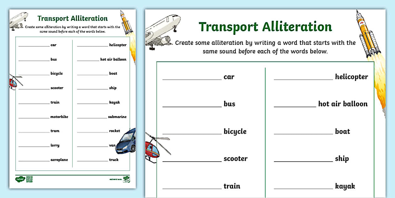 Transport Alliteration Worksheet