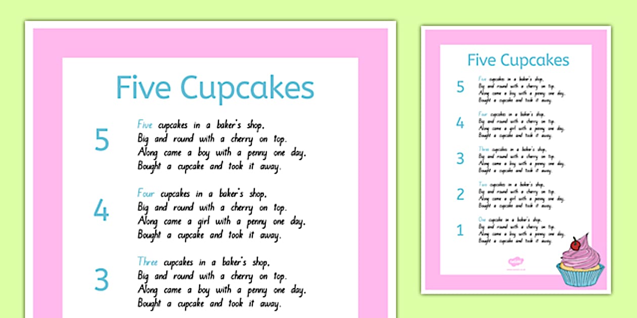 Black and White Five Cupcakes Nursery Rhyme Poster - Twinkl