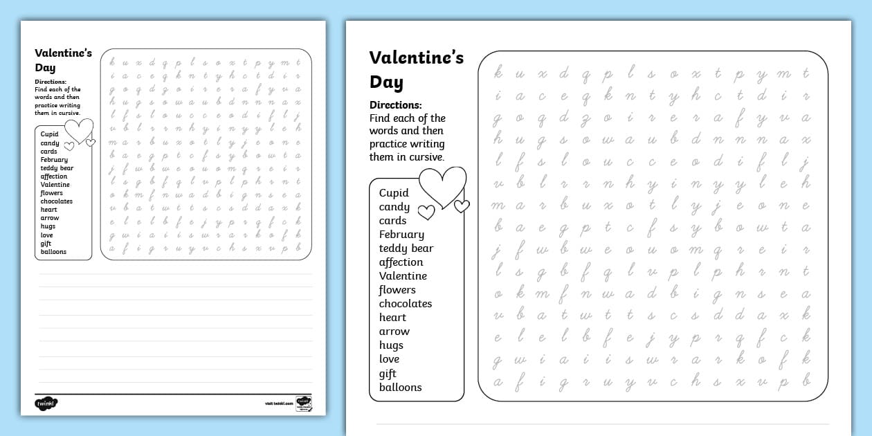 Valentine's Day Cursive Word Search and Write Worksheet