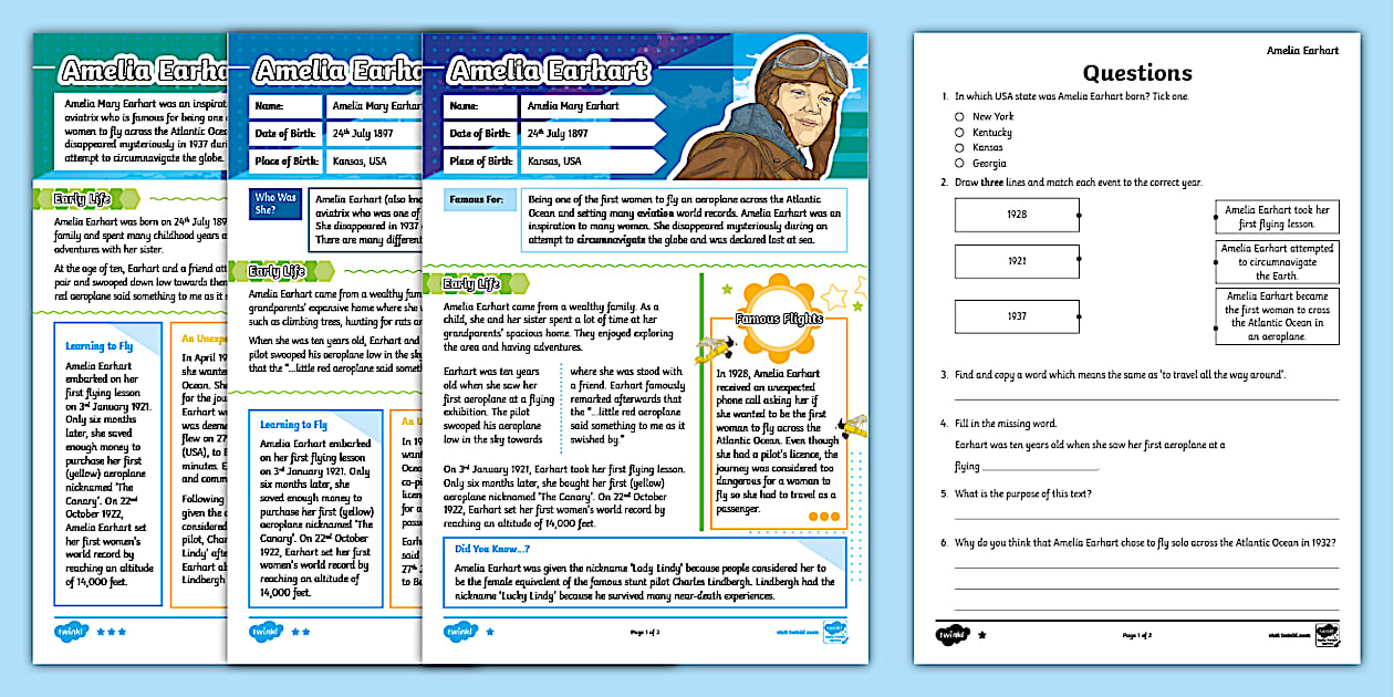 UKS2 Amelia Earhart Differentiated Reading Comprehension Activity
