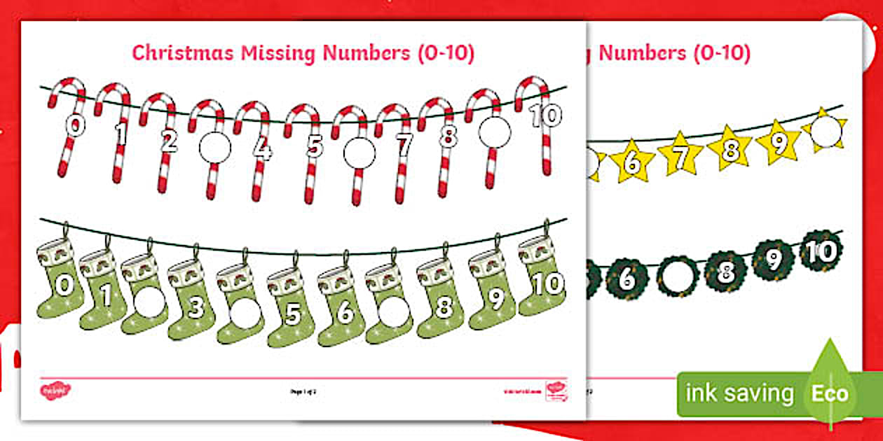 Black and White Christmas Missing Numbers Number Line Worksheet (0-10)