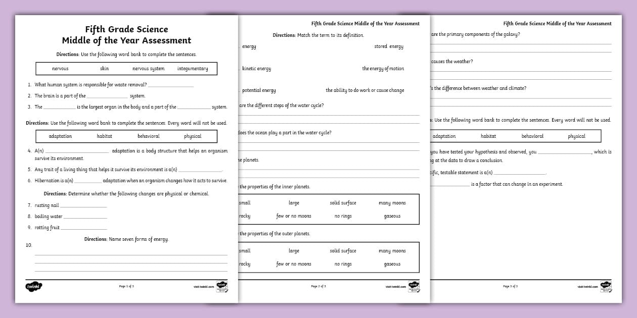 Fifth Grade Middle of the Year Science Assessment - Twinkl