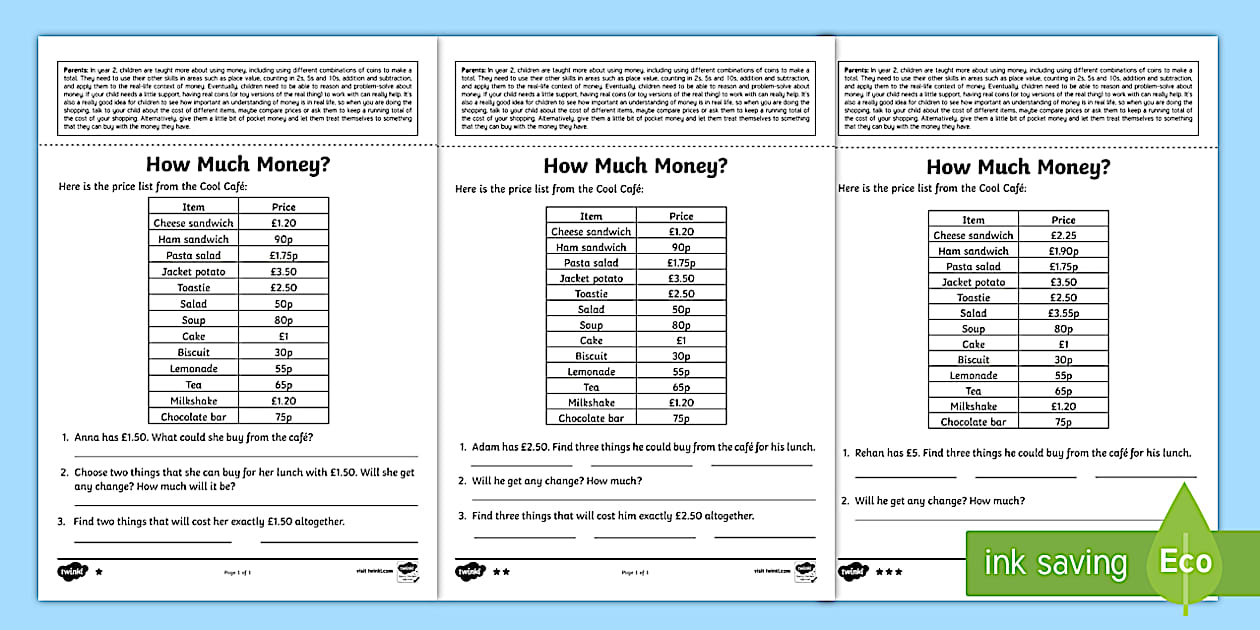 Year 2 Spending Money Homework Worksheet / Worksheet