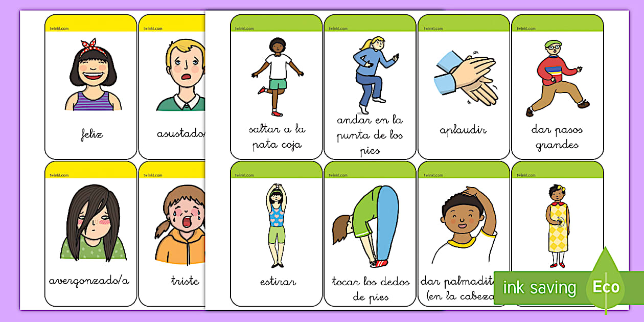 Tarjetas de vocabulario: Emociones y acciones - Twinkl