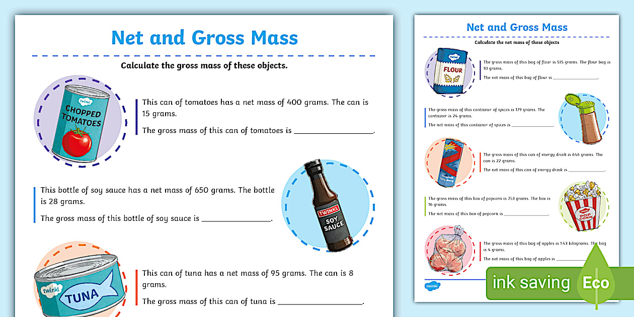 Net and Gross Mass Activity Sheet - Year 5 Maths - Twinkl