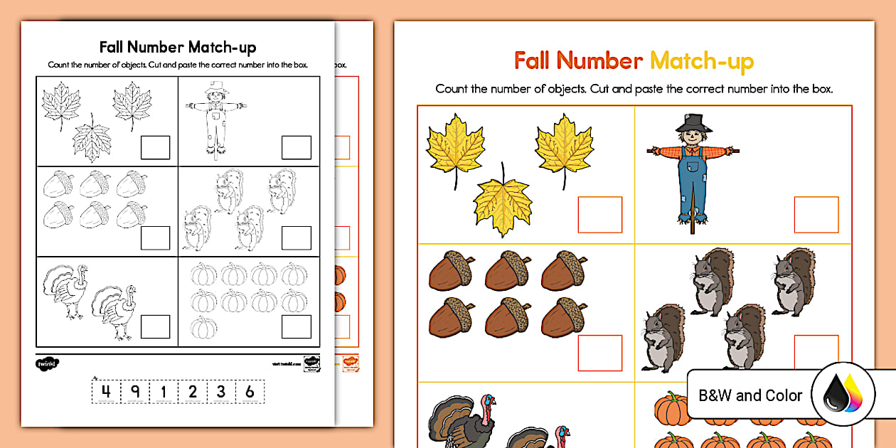 Fall Number Match-up Cut and Paste Worksheet (teacher made)