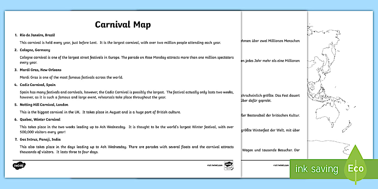 Carnivals Around the World Map Labelling Activity English/German