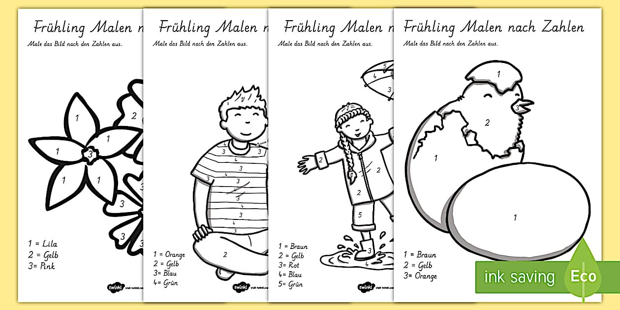Frühling Malen nach Zahlen Arbeitsblatt: Lesen und Malen