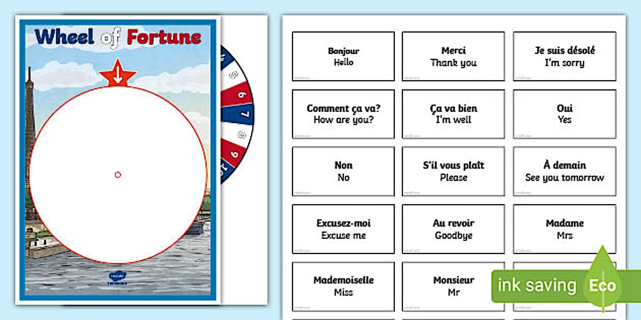 French Basic Phrases Wheel of Fortune Spinning Wheel Activity Pack