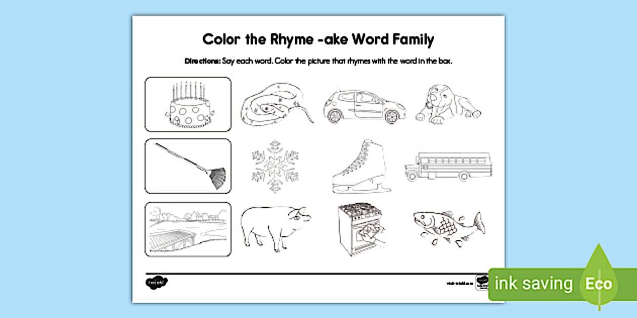 Color the Rhyme -ake Word Family Worksheet - Twinkl