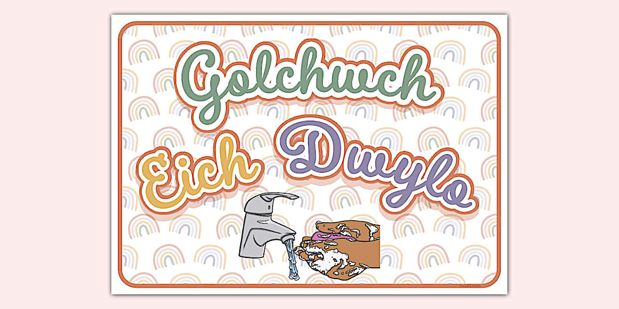 Poster Golchwch Eich Dwylo: Lliwiau Tawel yr Enfys - Twinkl
