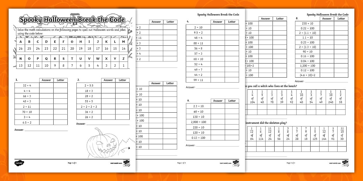 Spooky Halloween Break the Code Math Worksheet for 3rd-5th Grade
