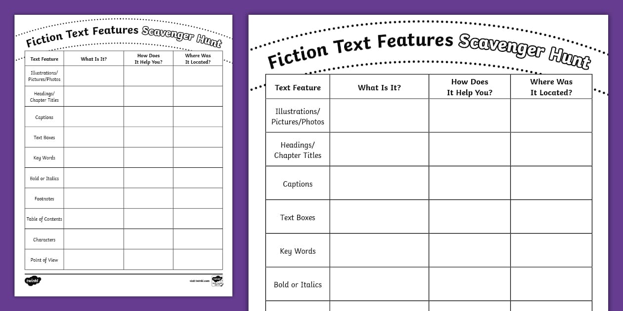 Fiction Text Features Scavenger Hunt for 6th-8th Grade