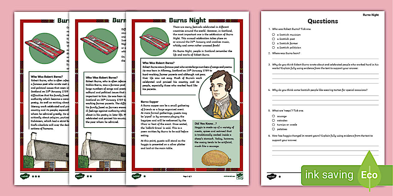 UKS2 Burns Night Differentiated Reading Comprehension