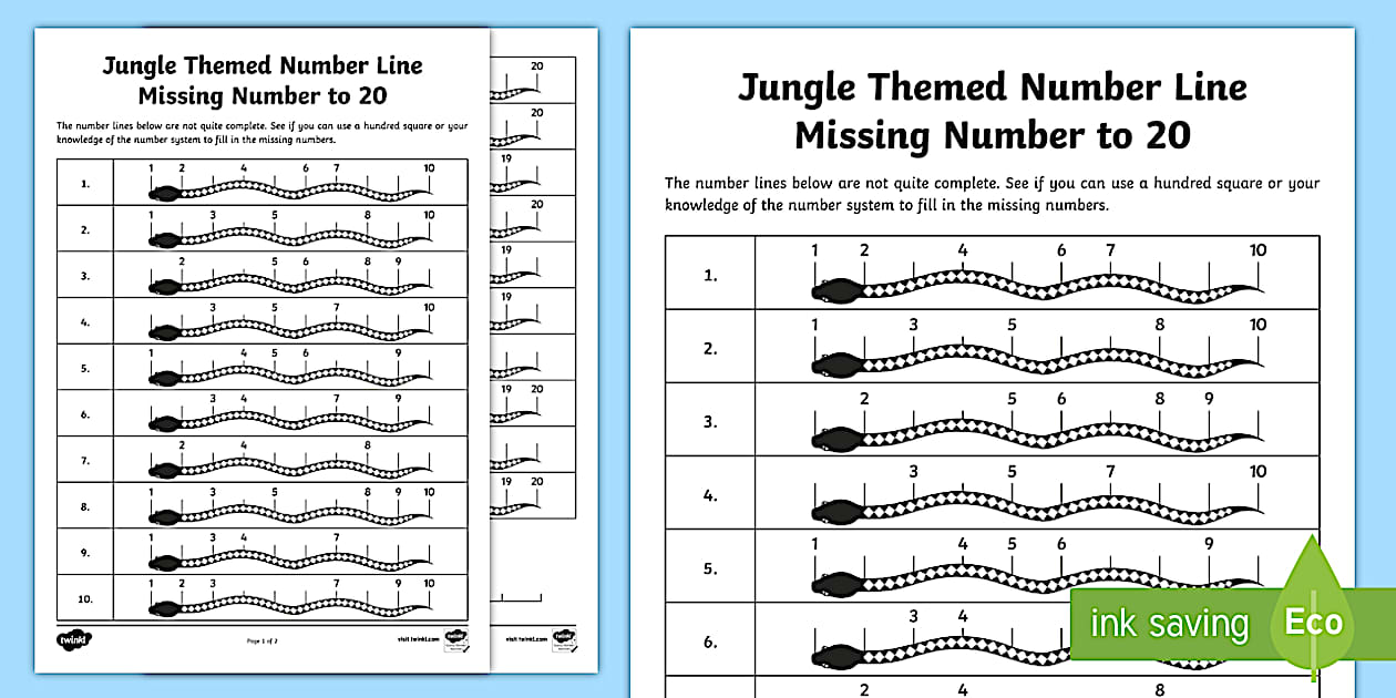Jungle Themed Number Line Missing Number to 20 Worksheet / Worksheet ...