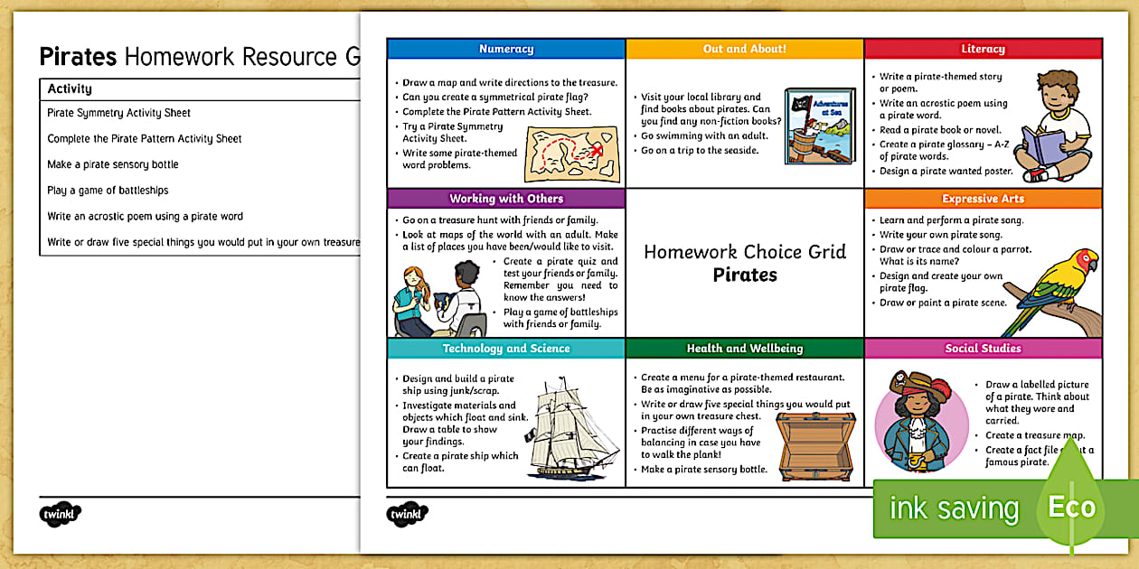 Editable Pirates CfE Homework Grid (teacher made) - Twinkl
