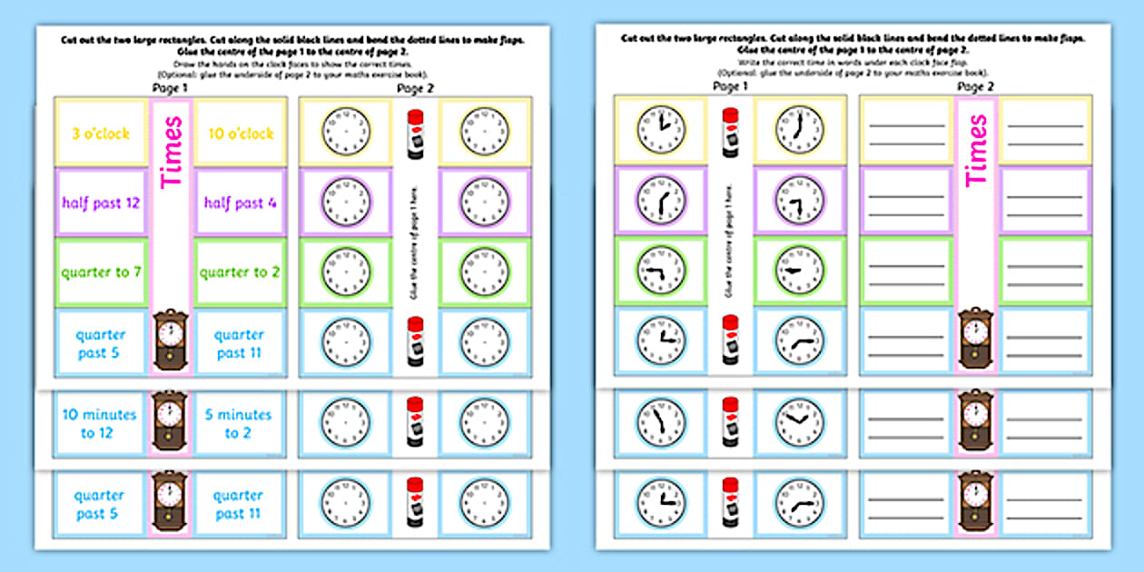 Year 2 Time Clocks Foldable visual-Aid Template - Twinkl