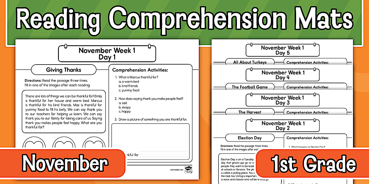 First Grade November Daily Reading Comprehension Mats
