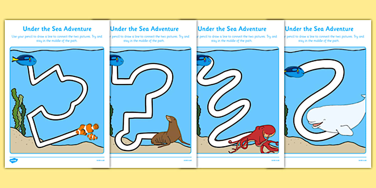 Black and White Under the Sea Adventure Pencil Control Path Worksheet Pack