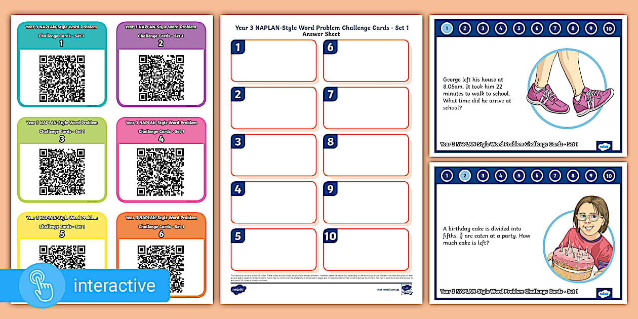 Year 3 NAPLAN-Style Word Problem Cards with QR Codes - Set 1