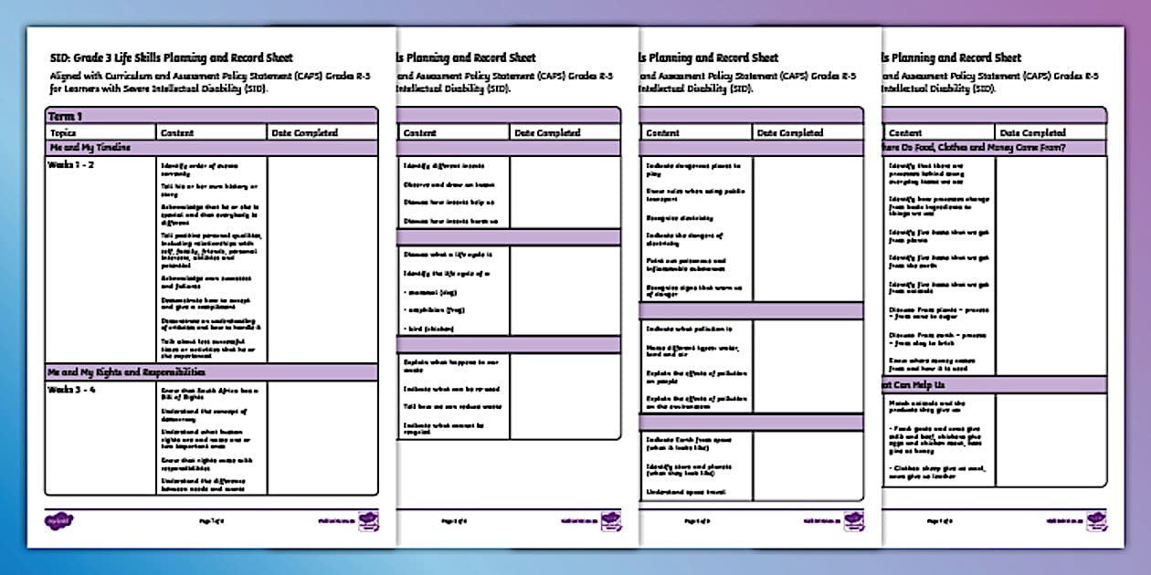 SID: Grade 3 Life Skills Planning and Record Sheet - Twinkl
