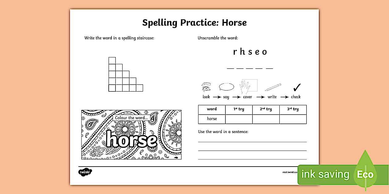 Horse Spelling Practice Worksheet (Teacher-Made) - Twinkl