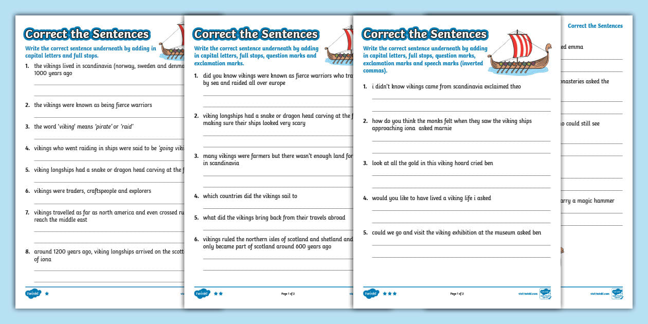 Correct the Sentences - The Vikings Activity Sheet - Twinkl