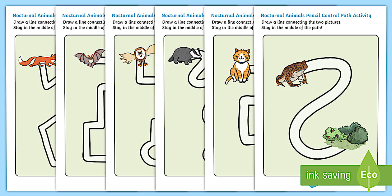 Black and White Nocturnal Animals Pencil Control Path Worksheets