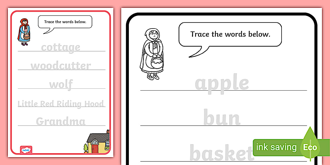 Precursive Little Red Riding Hood Trace the Words Worksheets