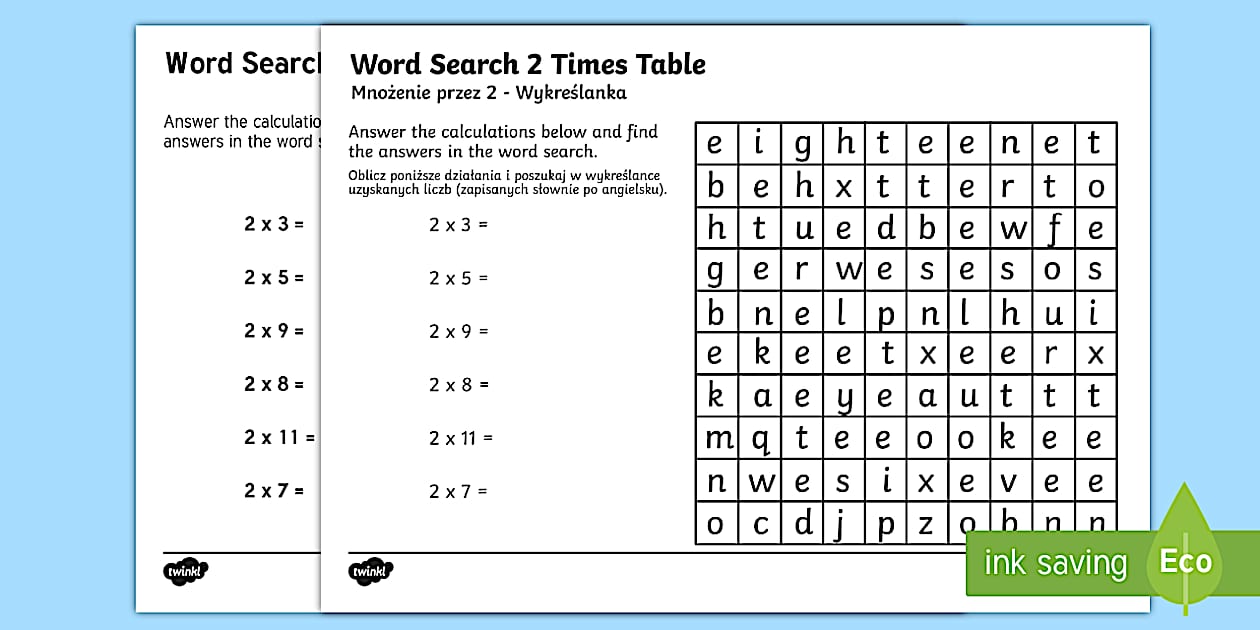 Multiplication 2 Times Table Word Search Activity English/Polish