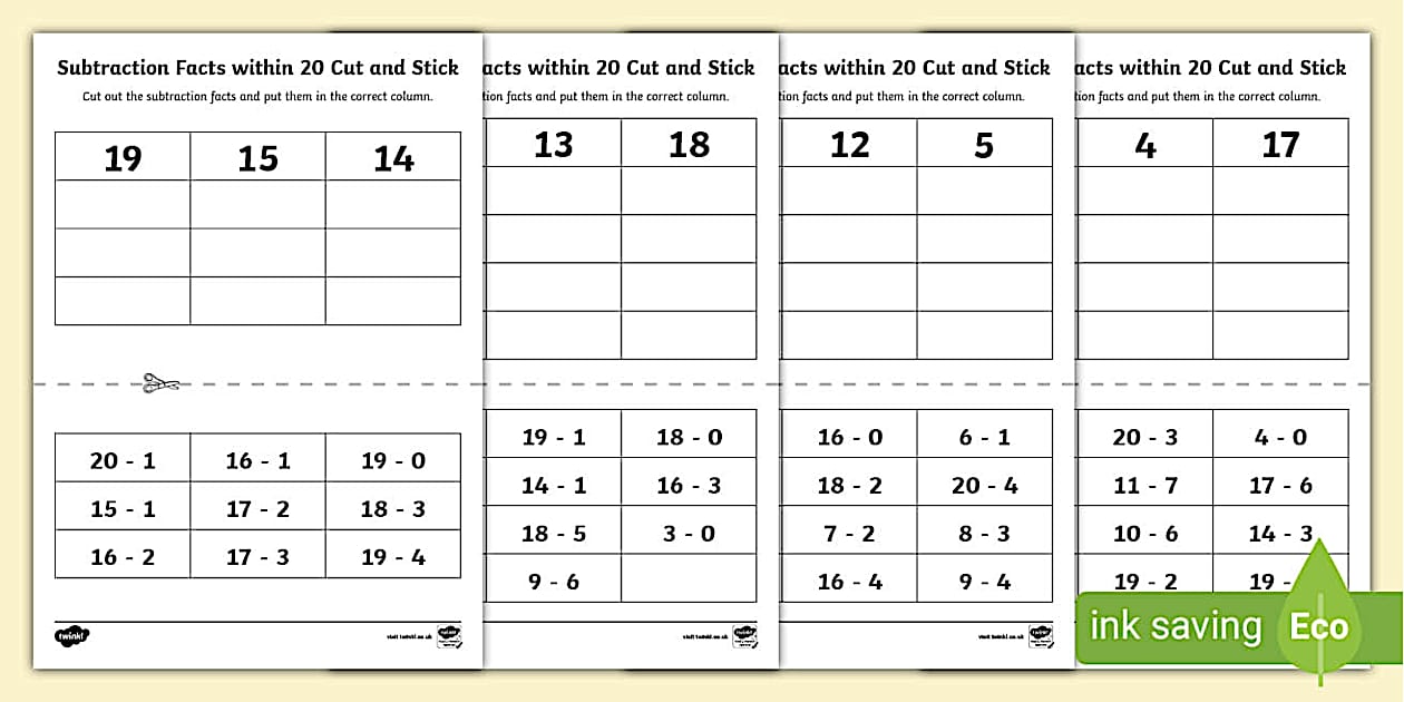 Subtraction Facts within 20 Cut and Stick Activity