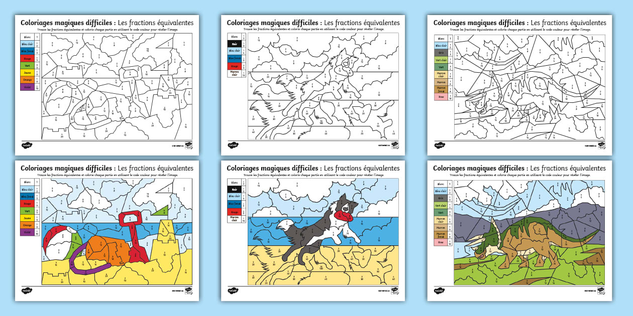 Coloriages magiques difficiles : Les fractions équivalentes