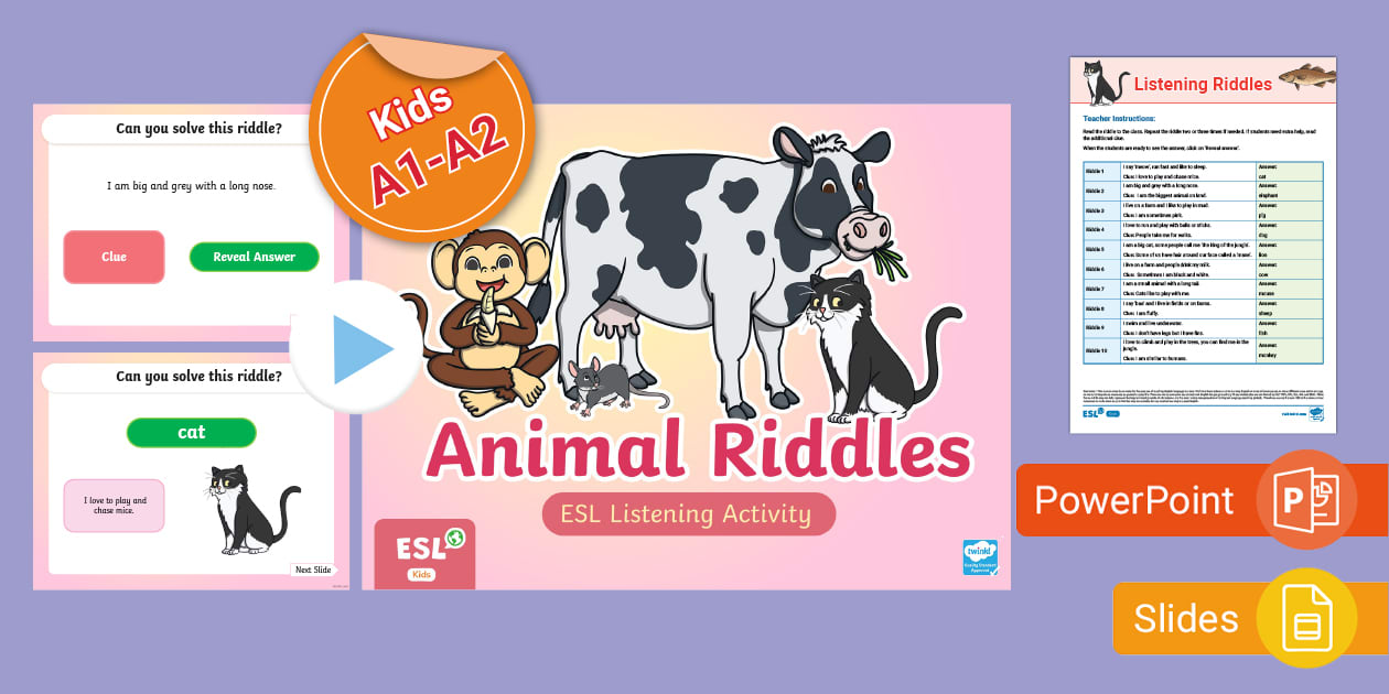 ESL Listening Riddle: Animals Presentation (teacher made)
