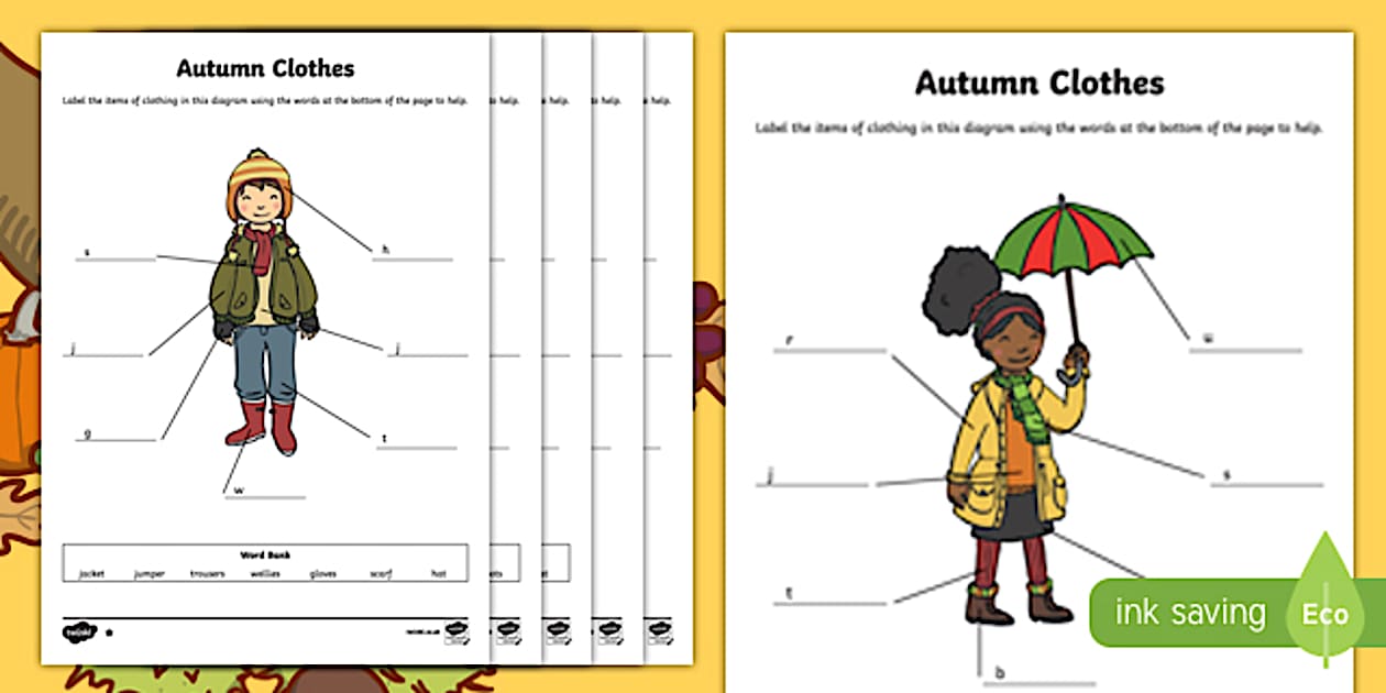 Middle Ability Autumn Clothes Labelling Differentiated Worksheet Pack