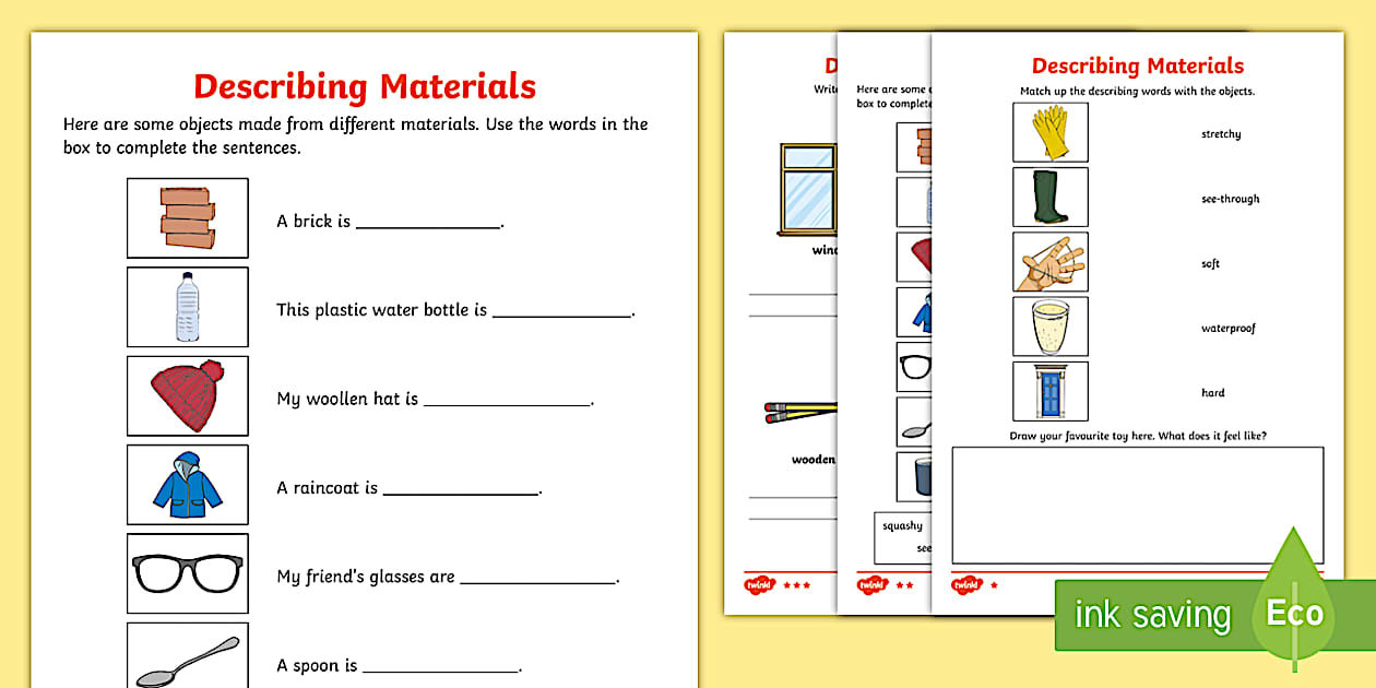 Y1 Describing Materials Differentiated Worksheets - Twinkl