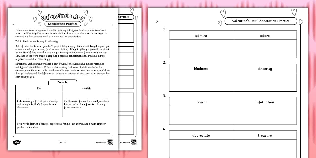 Valentine's Day Writing Connotation Practice for 6th-8th