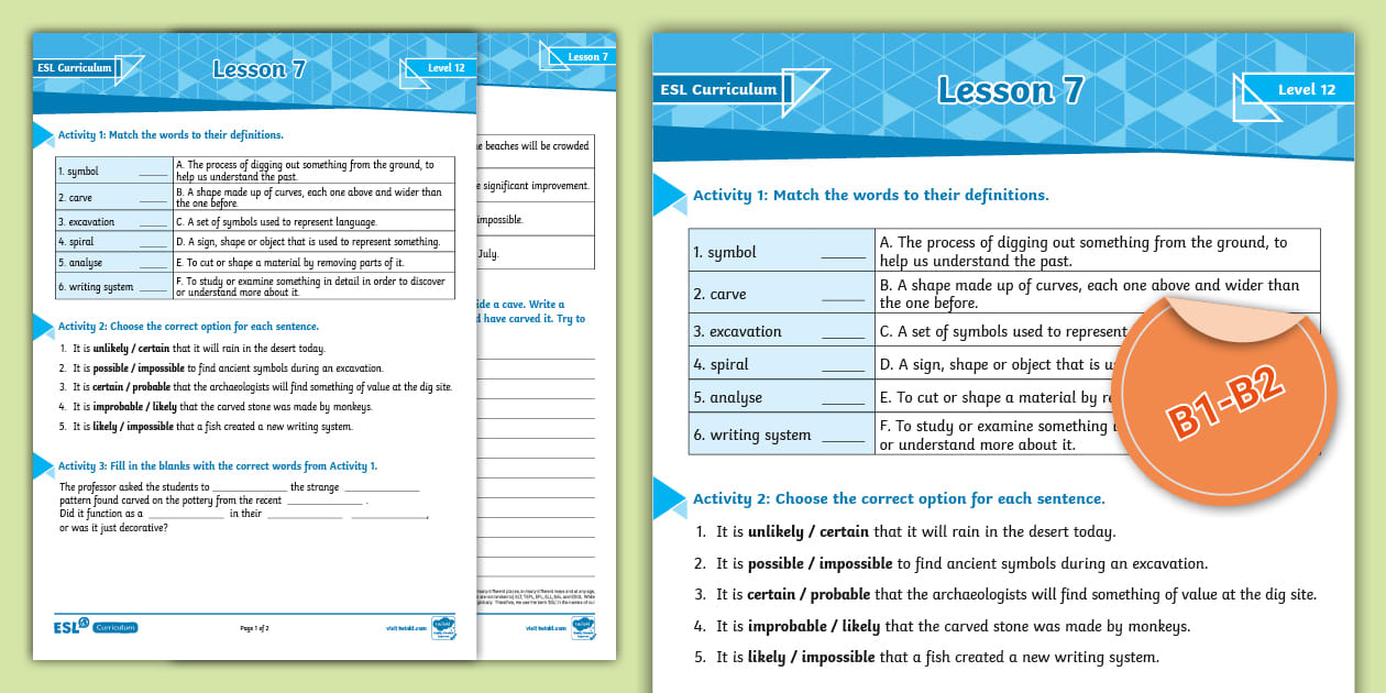 ESL Curriculum Level 12, Lesson 7 Activity Sheet - Twinkl