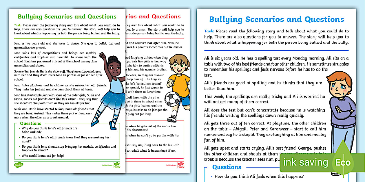 Anti-Bullying Story and Questions 1 Worksheet (teacher made)