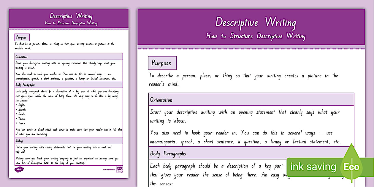 Editable Level 3 Writing - Descriptive Writing Structure Sheet