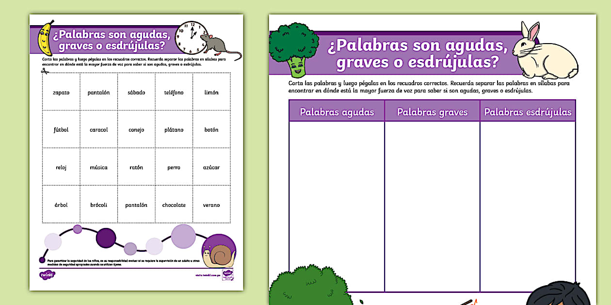 Ficha de actividad: Clasifica las palabras agudas, graves y esdrújulas