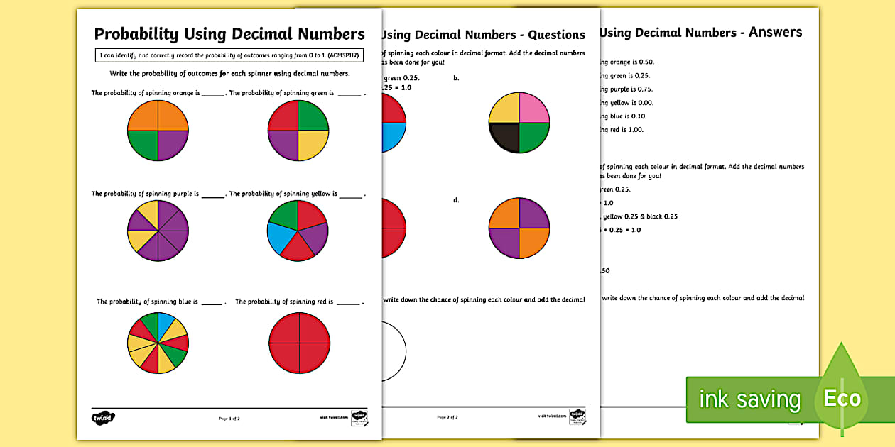 Probability Using Decimal Numbers Worksheet / Worksheet