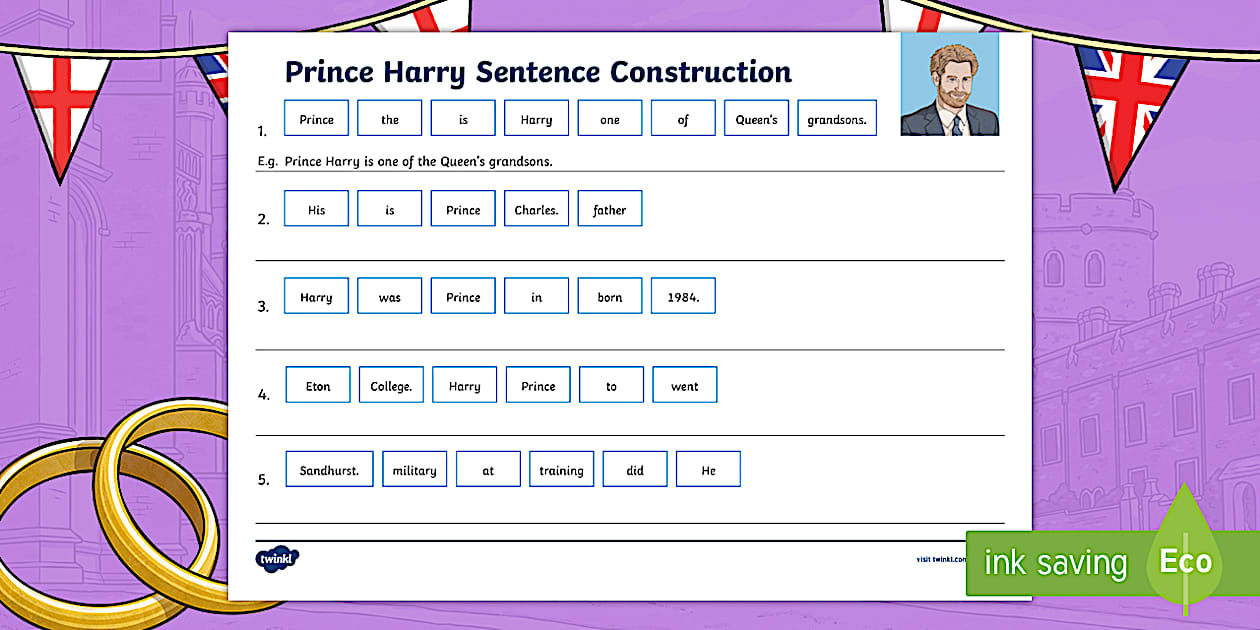 Cursive Prince Harry Sentence Construction Worksheet