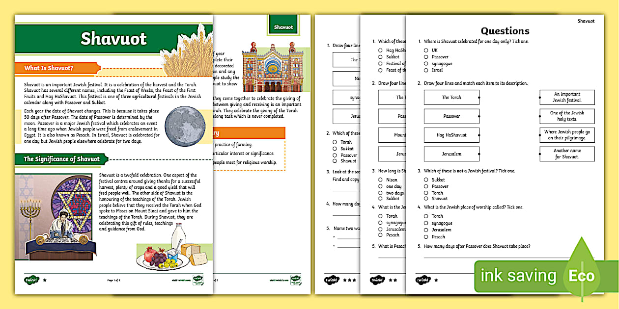 LKS2 Shavuot Differentiated Reading Comprehension Activity