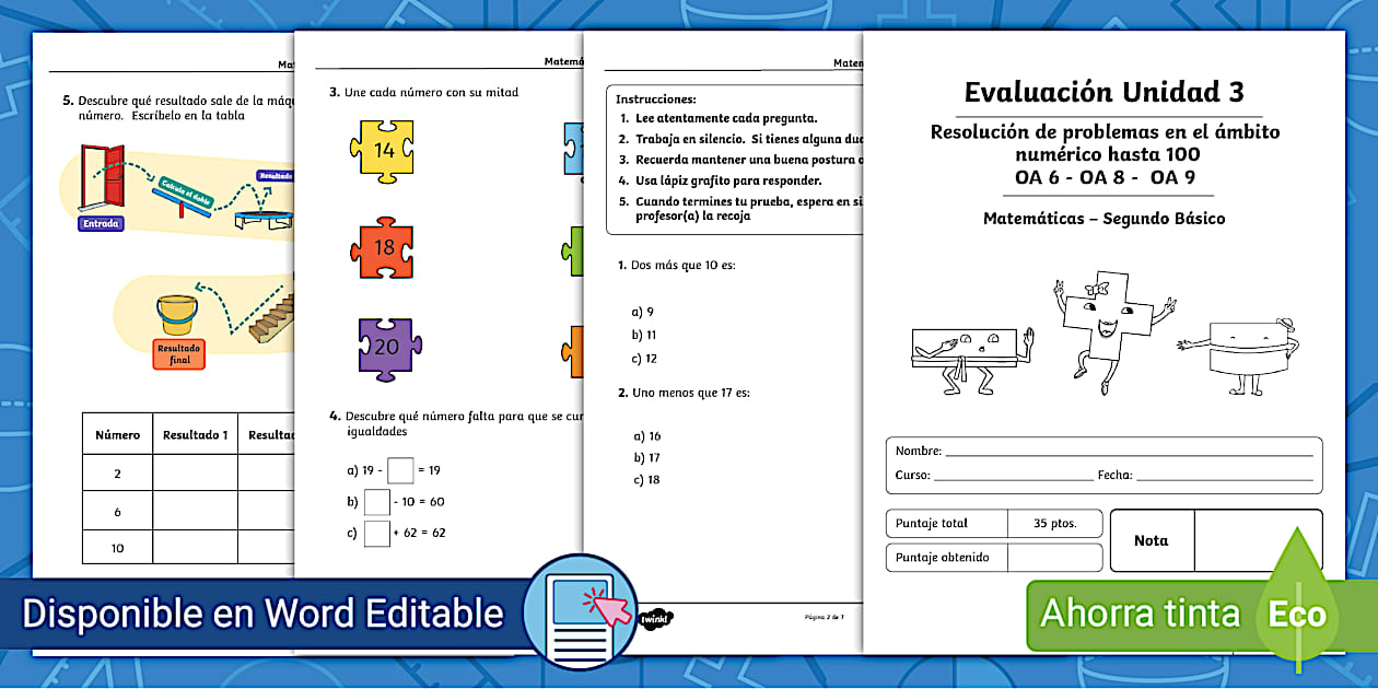 Prueba de Matemática Segundo Básico-Resolución de problemas