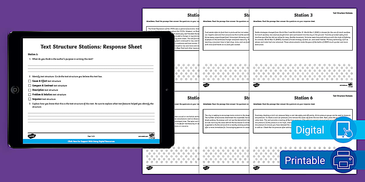 Sixth Grade Text Structure Stations Worksheet (Teacher-Made)