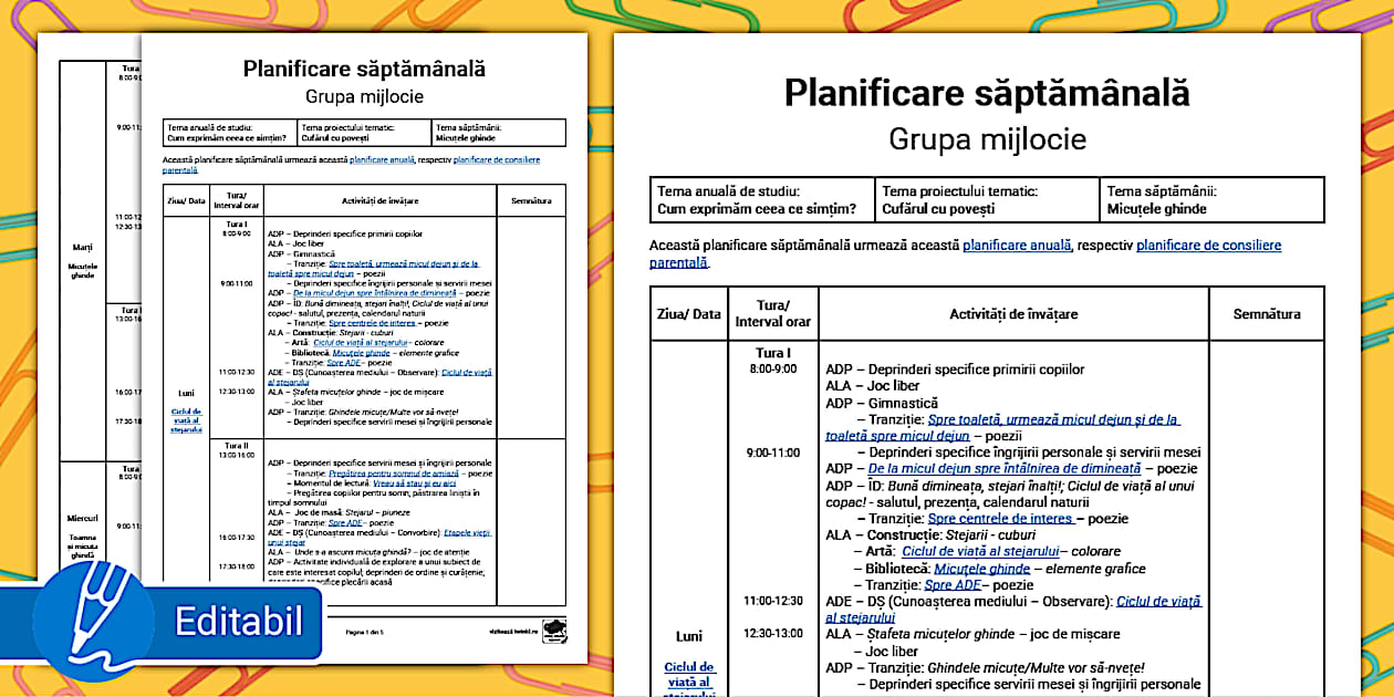 Micuțele ghinde – Planificare săptămânală grupa mijlocie