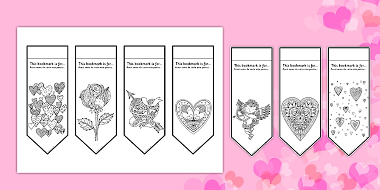 Valentine's Mindfulness Colouring Bookmarks Romanian Translation