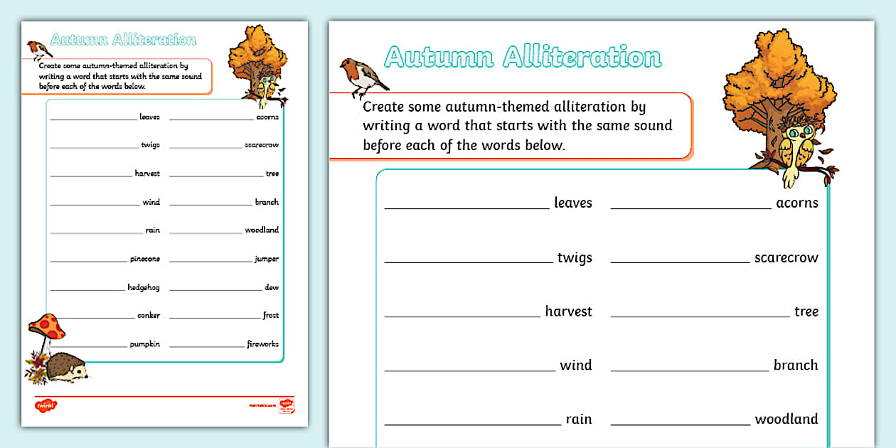 Autumn Alliteration Worksheet (Teacher-Made) - Twinkl